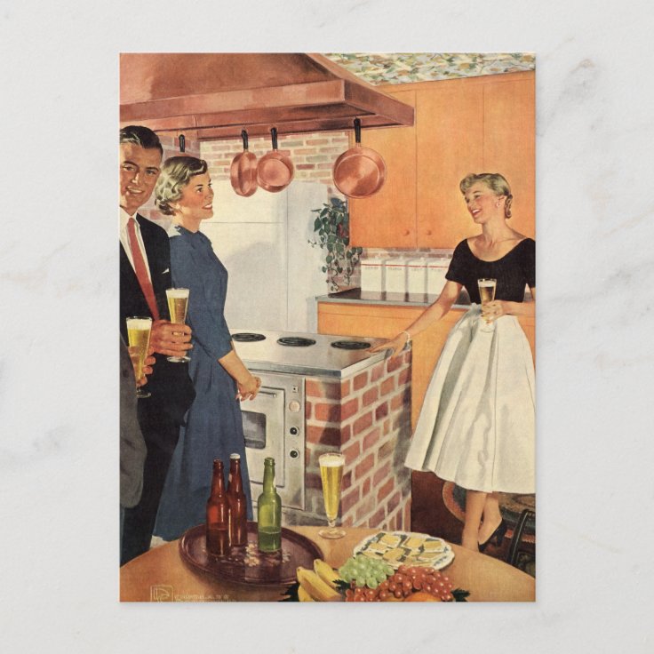 Vintage Party in the Kitchen, Beer and Appetizers Postcard | Zazzle