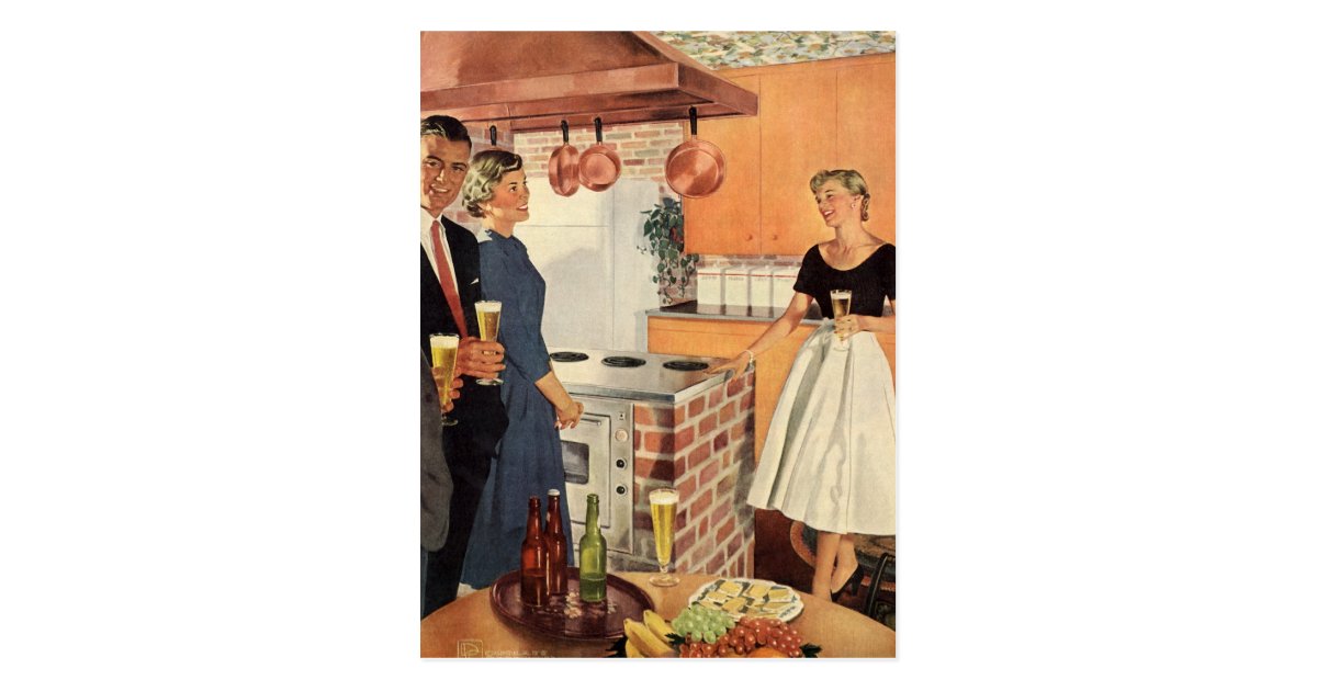 Vintage Party in the Kitchen, Beer and Appetizers Postcard | Zazzle.com
