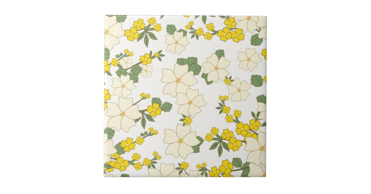 Vintage pastel lemon yellow floral design ceramic tile | Zazzle