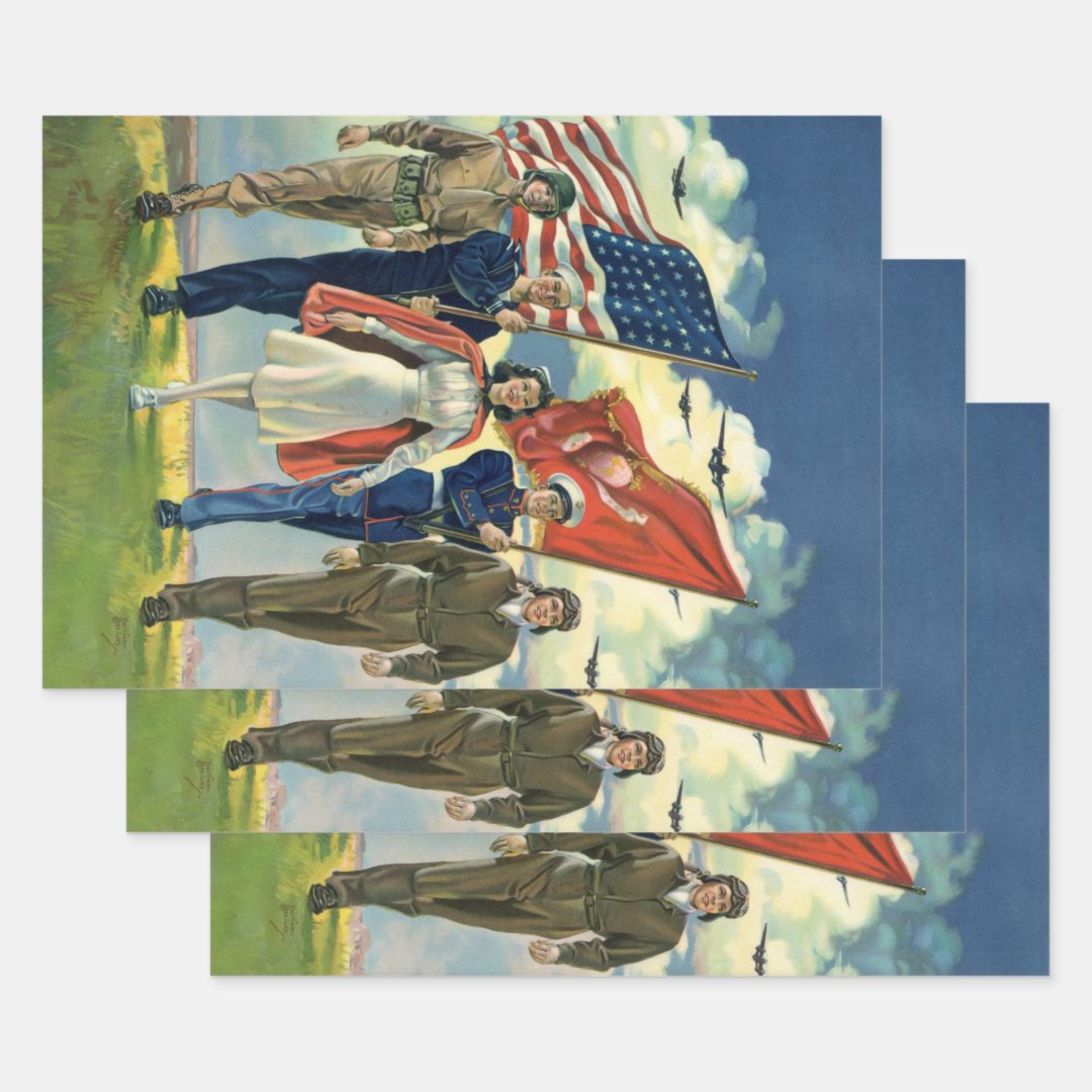 Vintage Patriotic, Proud Military Personnel Heros Wrapping Paper Sheets ...
