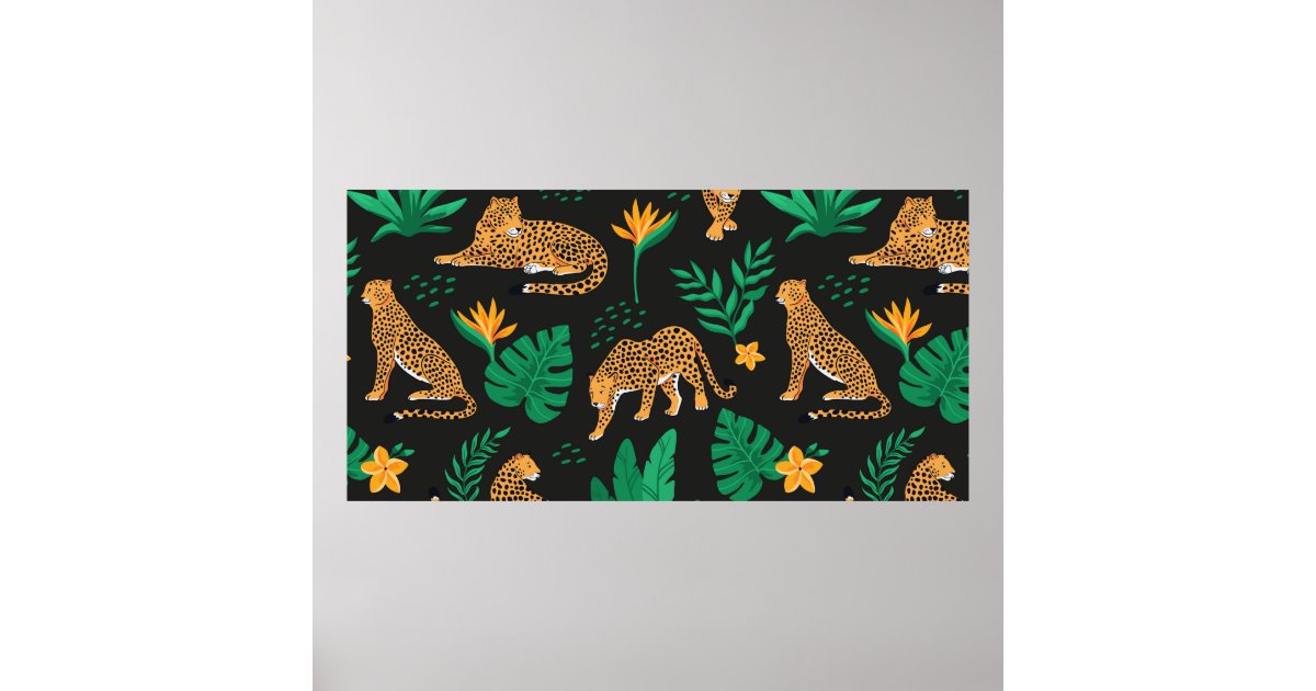 Vintage pattern with leopards and tropical leaves poster | Zazzle