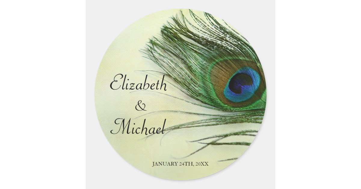 Vintage Peacock Feather Round Wedding Favor Label Zazzle