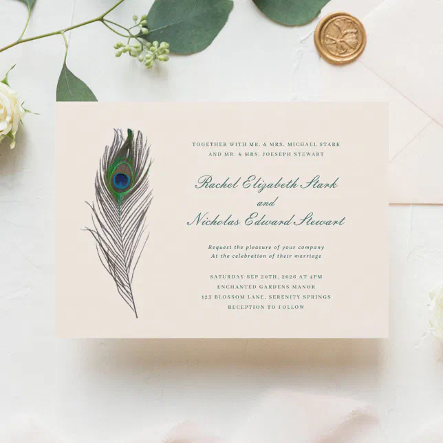 Vintage Peacock Feather Wedding Invitation | Zazzle