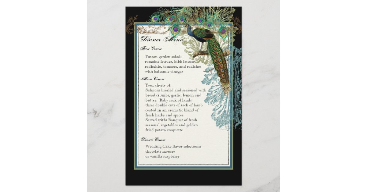 Vintage Peacock, Feathers, Dinner Menu Sheet | Zazzle