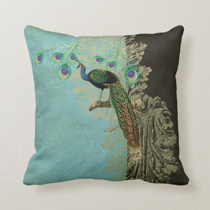 Vintage Peacock Feathers Etchings Kitchen Decor Throw Pillow