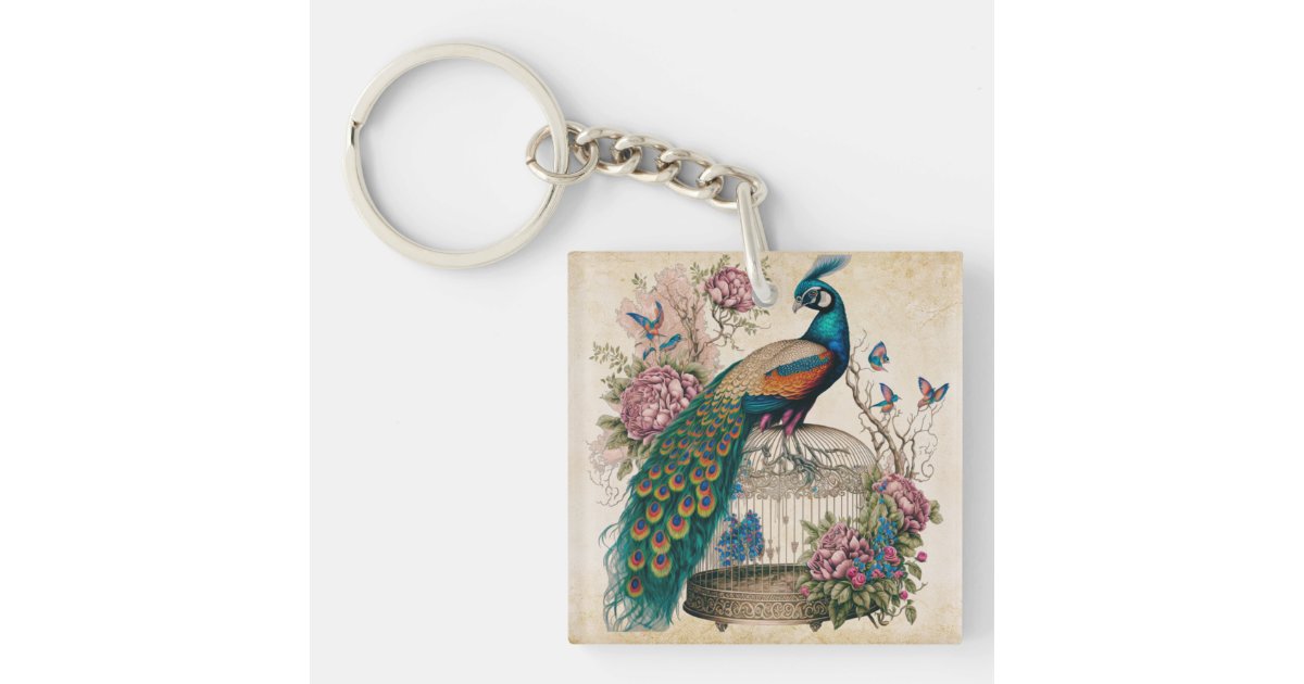 Vintage Peacock on Bird Cage Victorian Keychain | Zazzle
