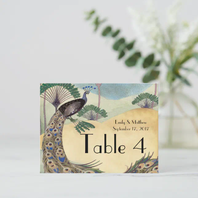 Vintage Peacock & Palm Tree Wedding Number Card | Zazzle