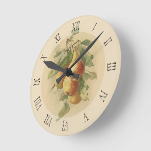Vintage pears round clock | Zazzle