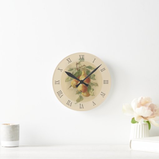 Vintage pears round clock | Zazzle