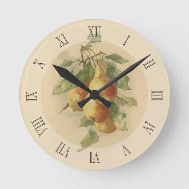 Vintage pears round clock | Zazzle
