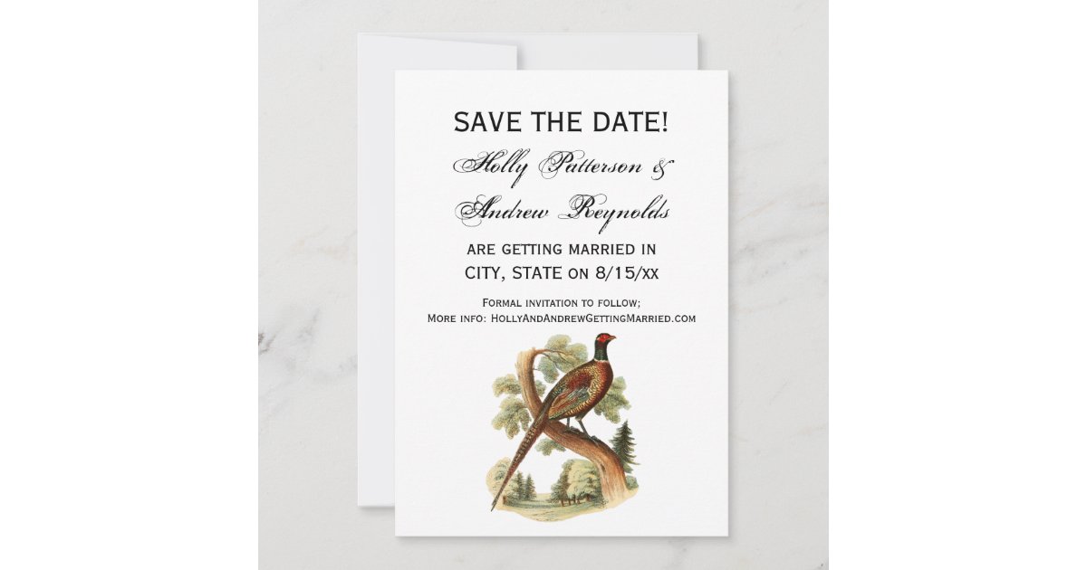 Vintage Pheasant on Branch w/ Trees Drawing Color Save The Date | Zazzle