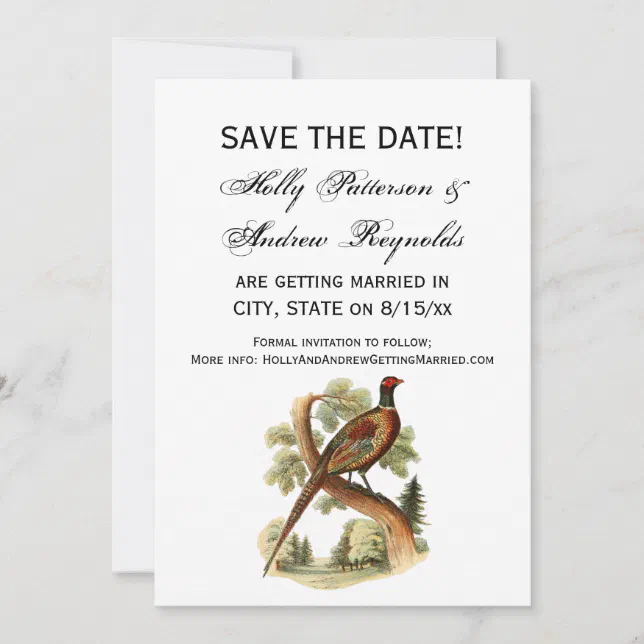Vintage Pheasant on Branch w/ Trees Drawing Color Save The Date | Zazzle