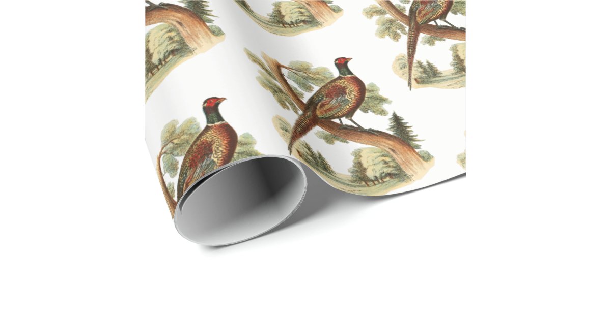 Vintage Pheasant on Branch w/ Trees Drawing Color Wrapping Paper | Zazzle