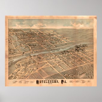 Vintage Pictorial Map of Bethlehem PA (1878) Poster | Zazzle