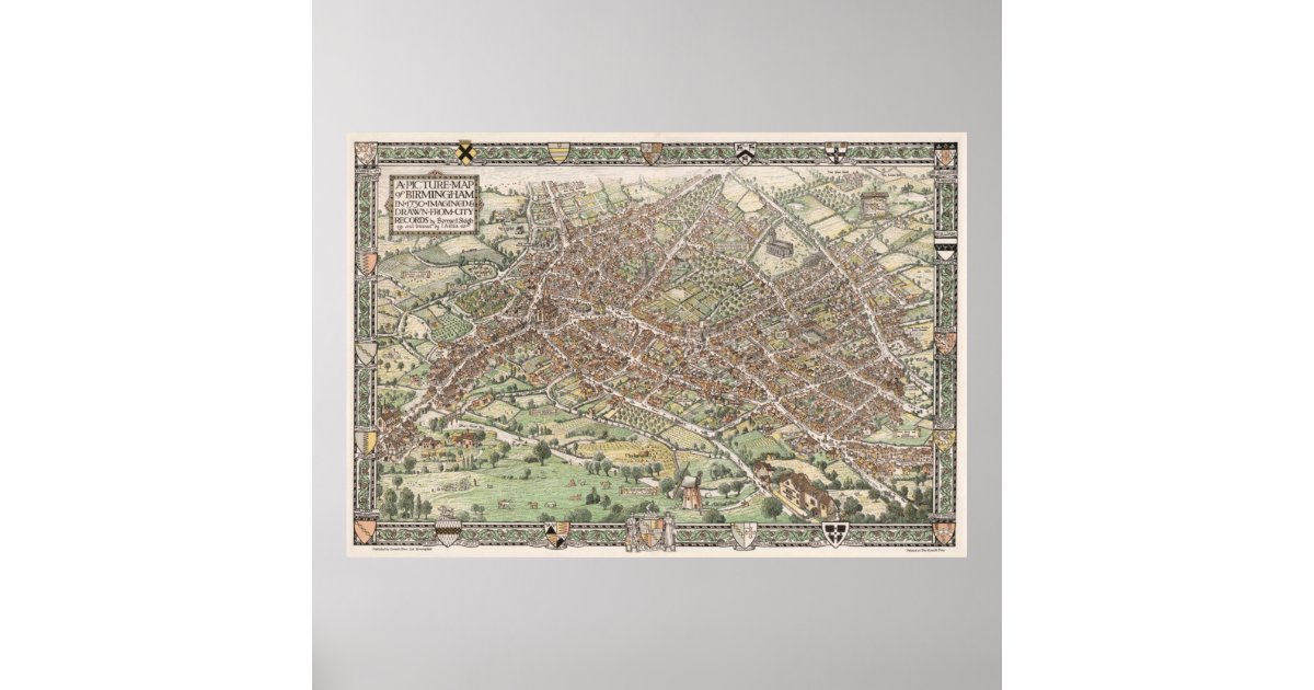 Vintage Pictorial Map of Birmingham England (1923) Poster | Zazzle