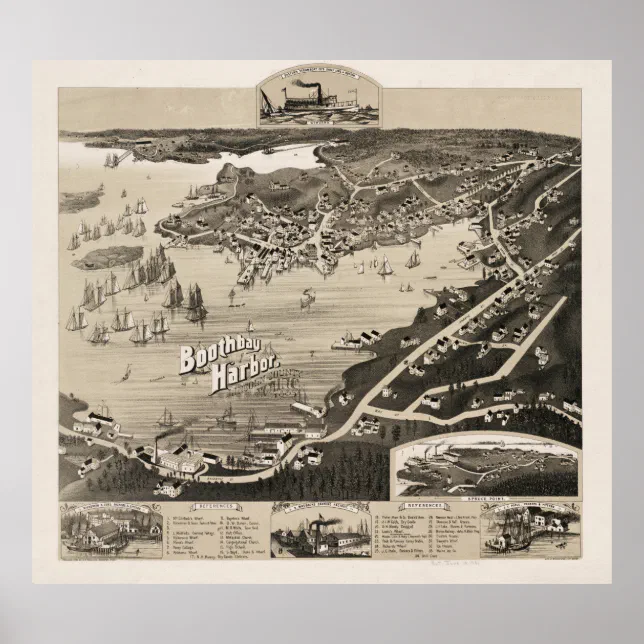 Vintage Pictorial Map of Boothbay Harbor ME (1885) Poster | Zazzle