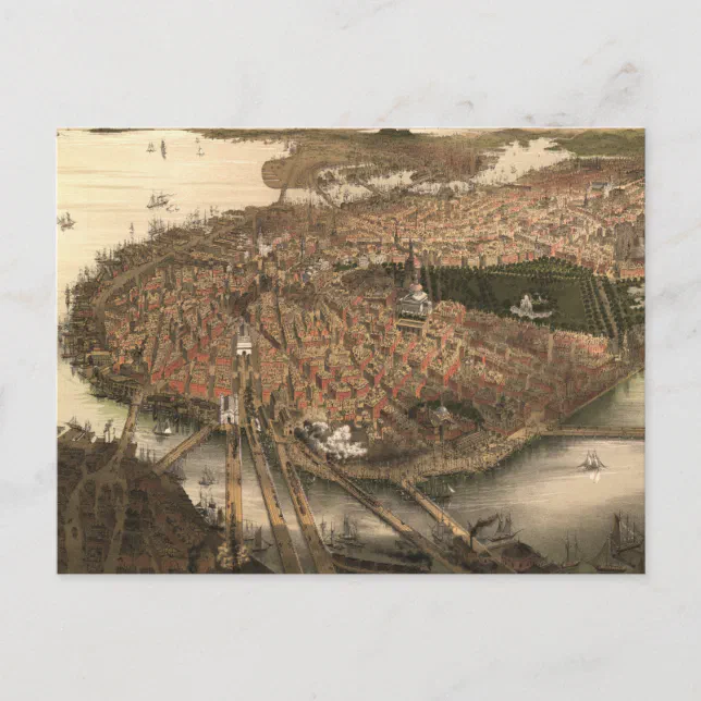 Vintage Pictorial Map of Boston (1877) Postcard | Zazzle