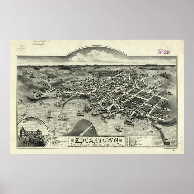 Vintage Pictorial Map of Edgartown MA (1886) Poster | Zazzle