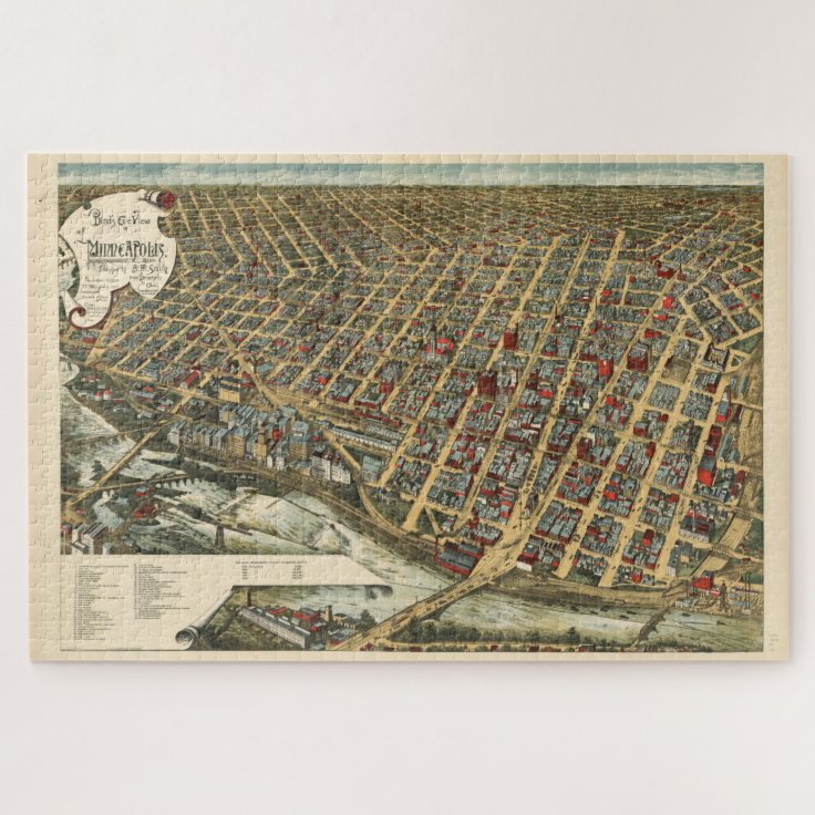 Vintage Pictorial Map of Minneapolis MN (1891) Jigsaw Puzzle | Zazzle
