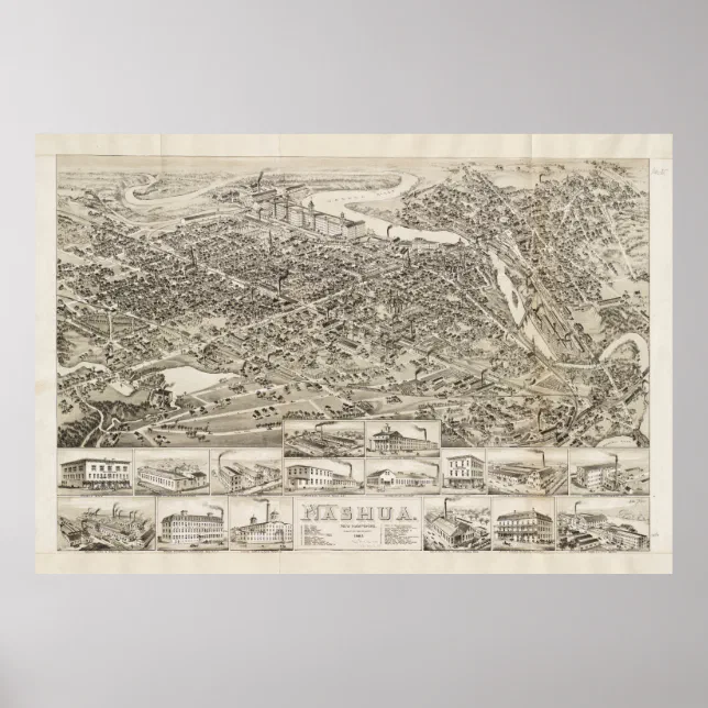 Vintage Pictorial Map of Nashua NH (1883) Poster | Zazzle