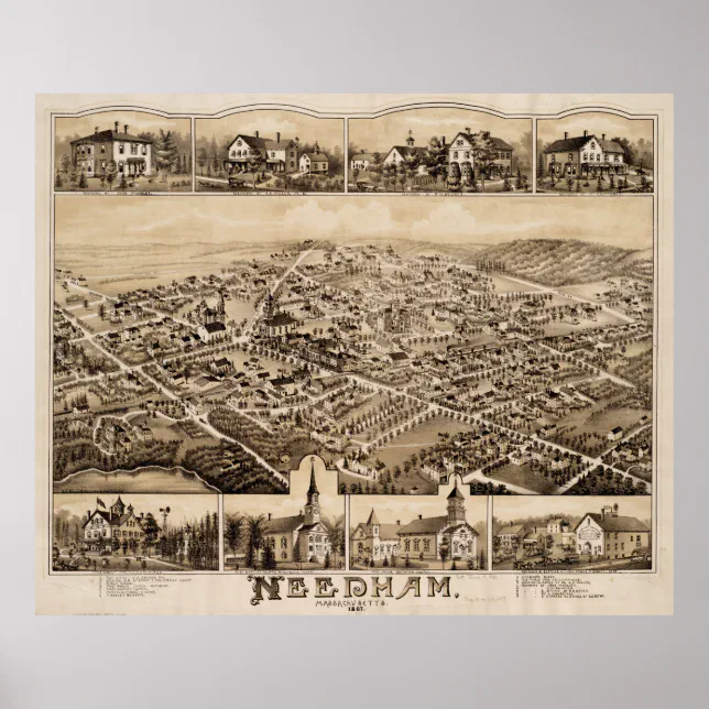 Vintage Pictorial Map of Needham MA (1887) Poster | Zazzle
