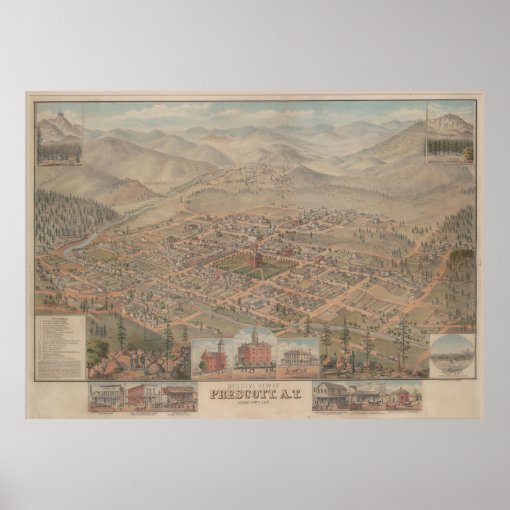 Vintage Pictorial Map of Prescott Arizona (1885) Poster | Zazzle