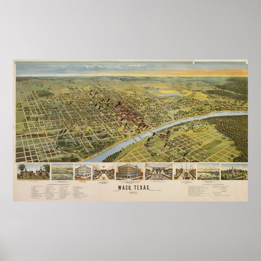 Vintage Pictorial Map of Waco Texas (1892) Poster | Zazzle