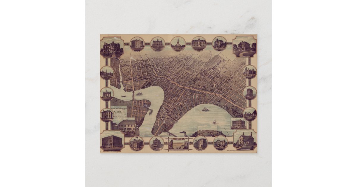 Vintage Pictorial Map of Winnipeg Canada (1884) Postcard | Zazzle