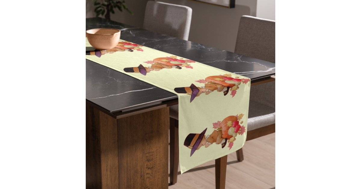 Vintage Pilgrim Boy Praying on Pumpkin Short Table Runner | Zazzle