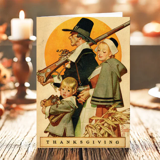 Vintage Pilgrim Family Thanksgiving Holiday Card | Zazzle