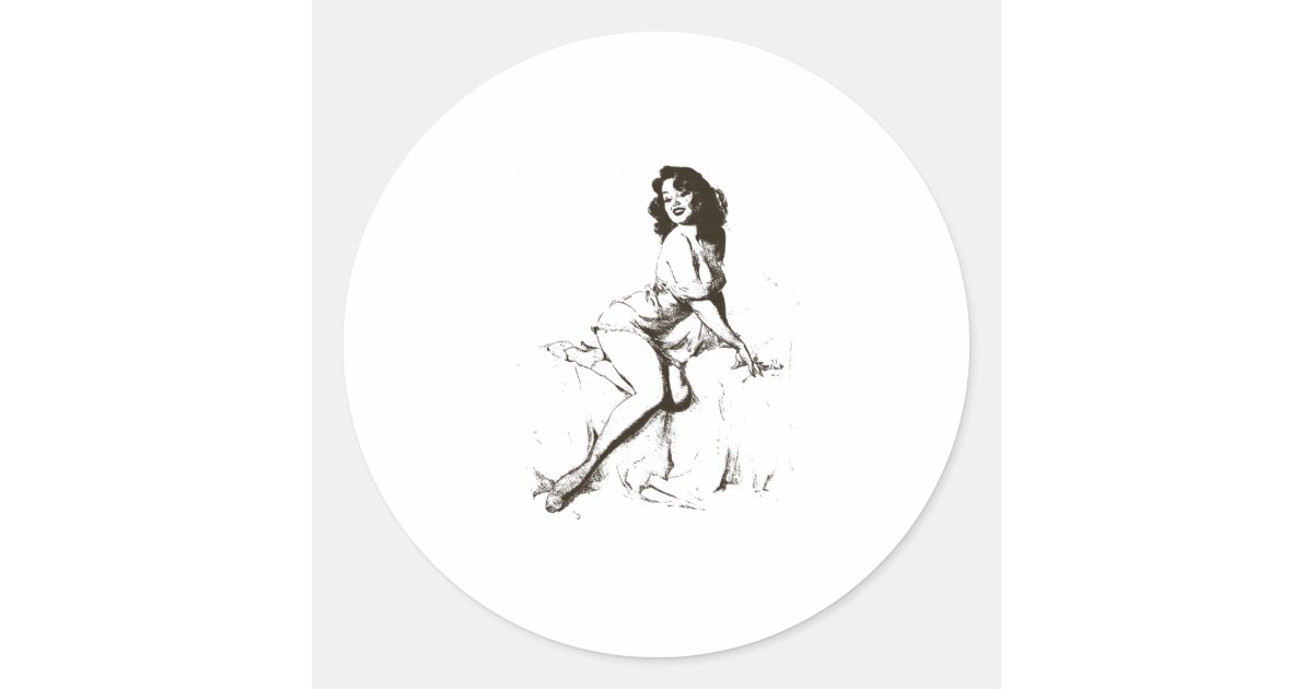 Vintage Pin Up Girl Outline Round Classic Round Sticker