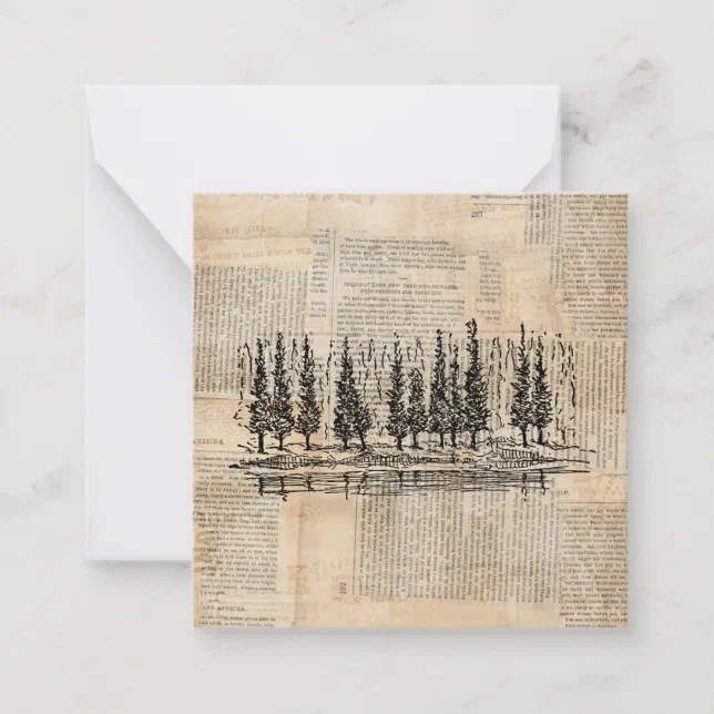 Vintage Pine Trees Nature Scene Newsprint Art Note Card | Zazzle