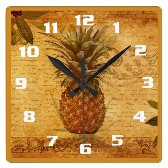 Vintage Pineapple and Calligraphy Gorgeous Kitchen Square Wall Clock ...