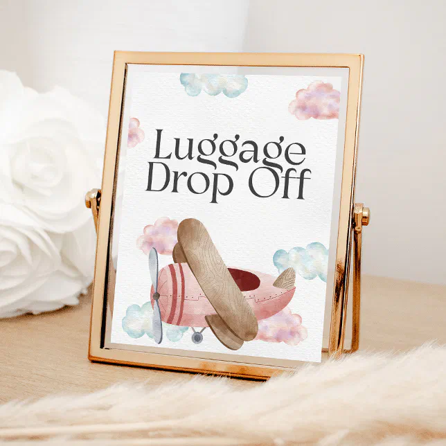 Vintage Pink Airplane Luggage Drop Off Party Sign | Zazzle