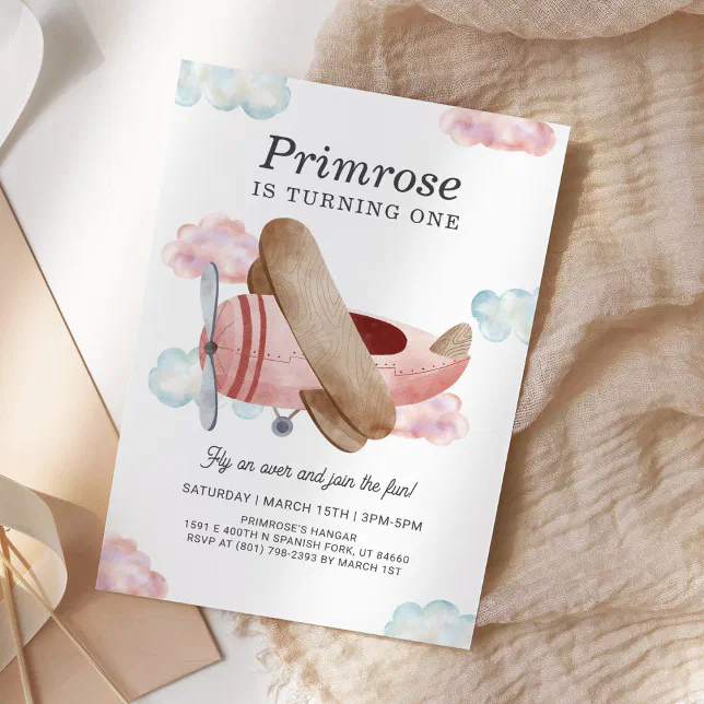 Vintage Pink Airplane Pilot Aviation Birthday Invitation | Zazzle