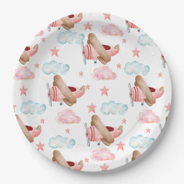 Vintage Pink Airplane Pilot Birthday Party Paper Plates | Zazzle