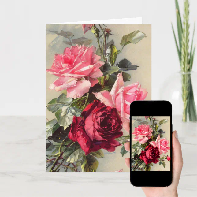 Vintage Pink and Red Roses Greeting Card | Zazzle
