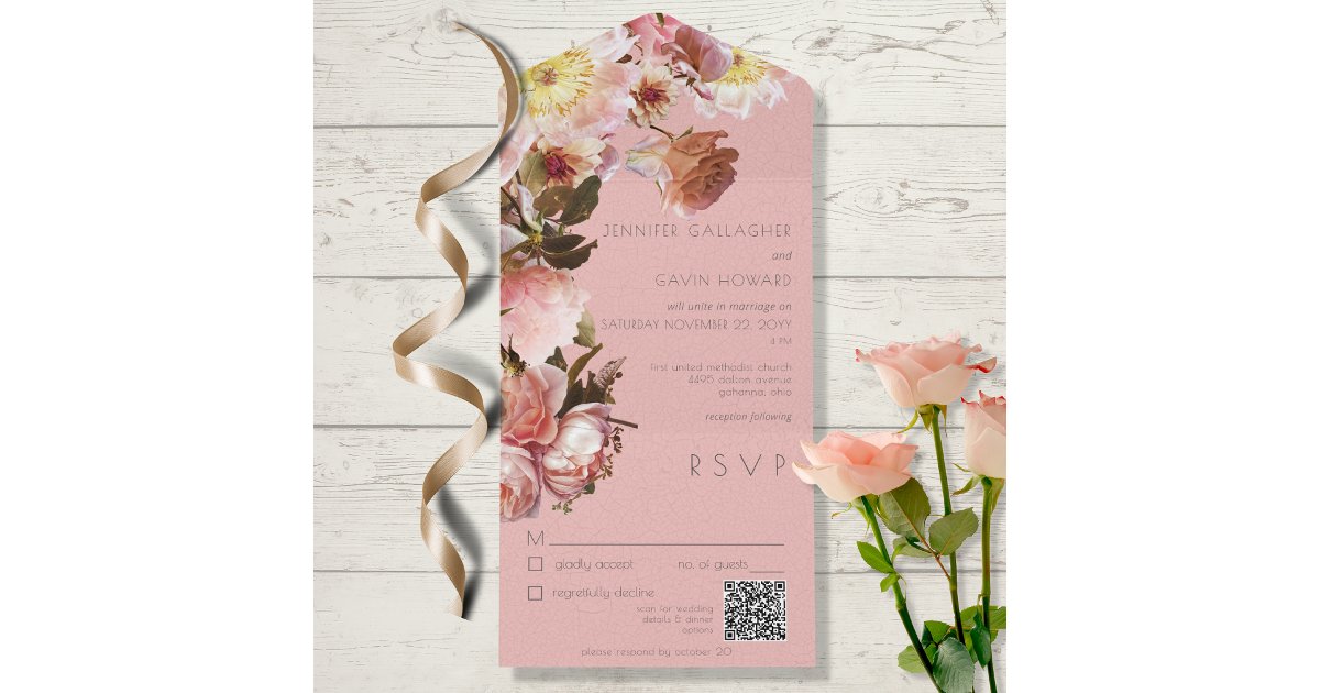 Vintage Pink Blush Roses QR Code All In One Invitation | Zazzle