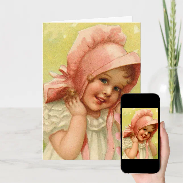 Vintage Pink Bonnet Girl Easter Holiday Card | Zazzle