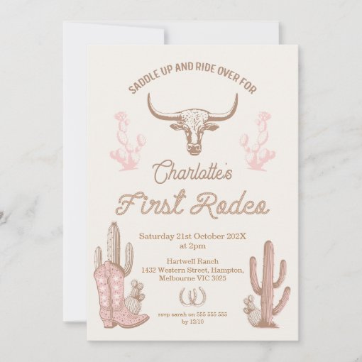 Vintage Pink Brown Girls First Rodeo 1st Birthday Invitation | Zazzle