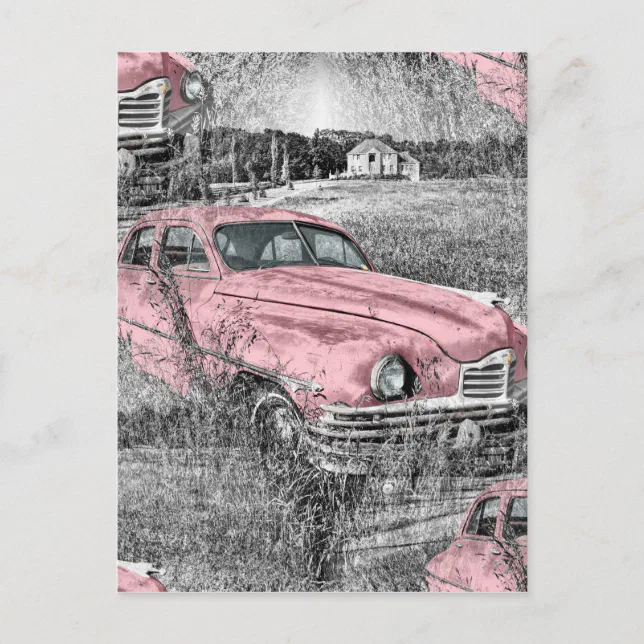 vintage pink car postcard | Zazzle