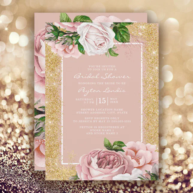 Vintage Pink Floral Gold Glitter Bridal Shower Invitation Zazzle