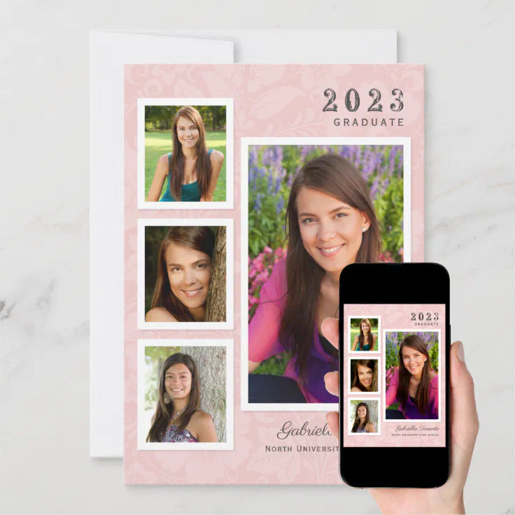 Vintage Pink Floral Graduation Photo Collage Invitation | Zazzle