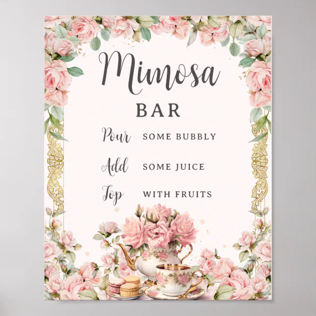 Vintage Pink Floral High Tea Bridal Shower Mimosa Poster | Zazzle