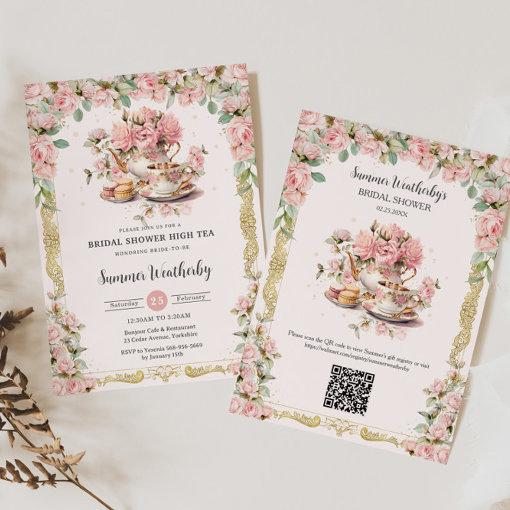 Vintage Pink Floral High Tea Party Bridal Shower Invitation | Zazzle