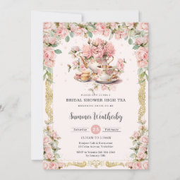 Vintage Pink Floral High Tea Party Bridal Shower Invitation | Zazzle