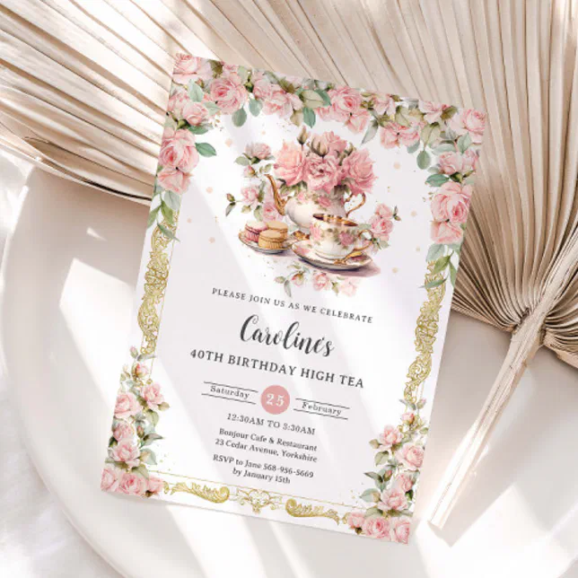 Vintage Pink Floral Roses High Tea Party Birthday Invitation | Zazzle