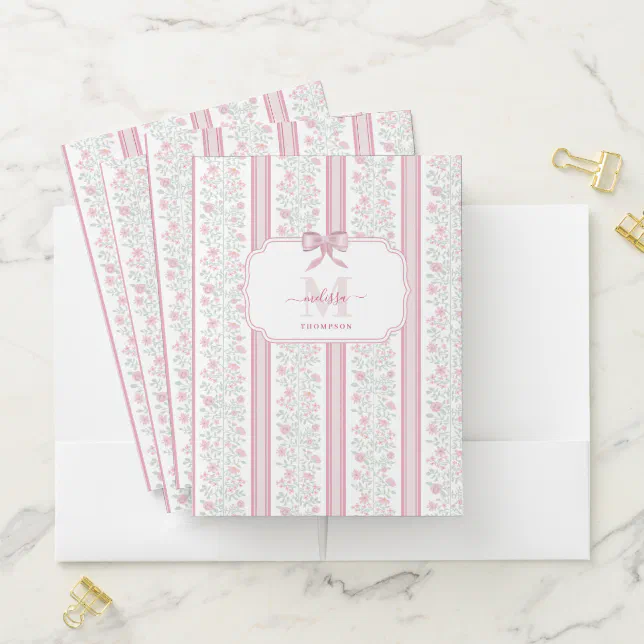 Vintage Pink Floral Wildflowers Coquette Bow Pocket Folder | Zazzle
