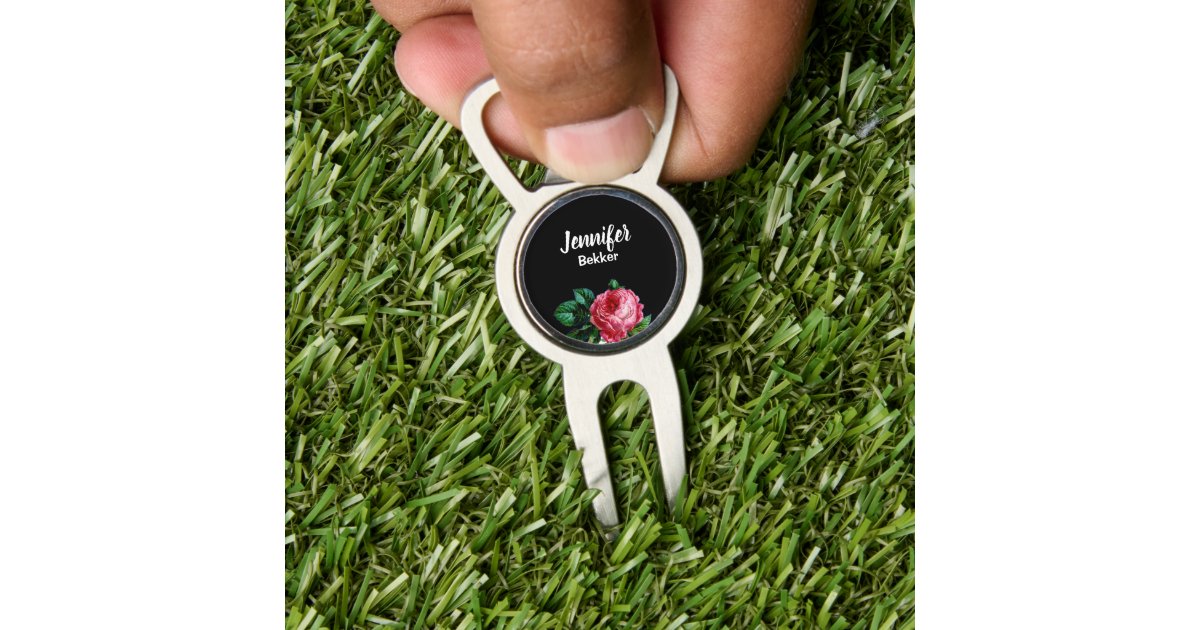 Vintage pink flower custom name black divot tool | Zazzle