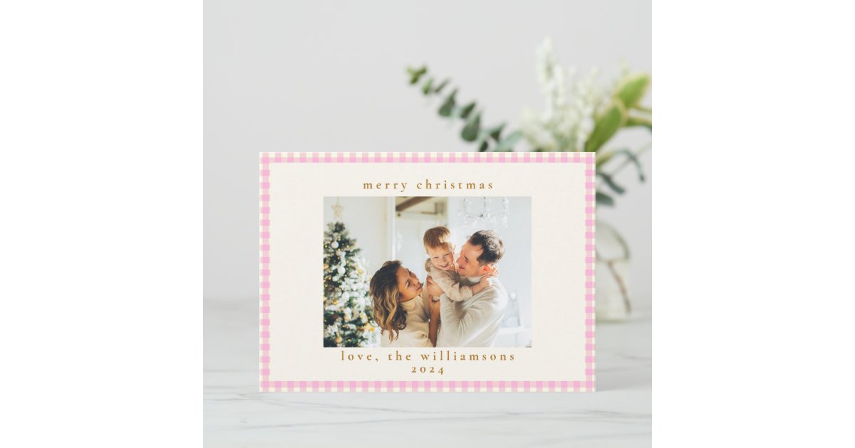 Vintage Pink Gingham Plaid Custom Photo Christmas Holiday Card | Zazzle